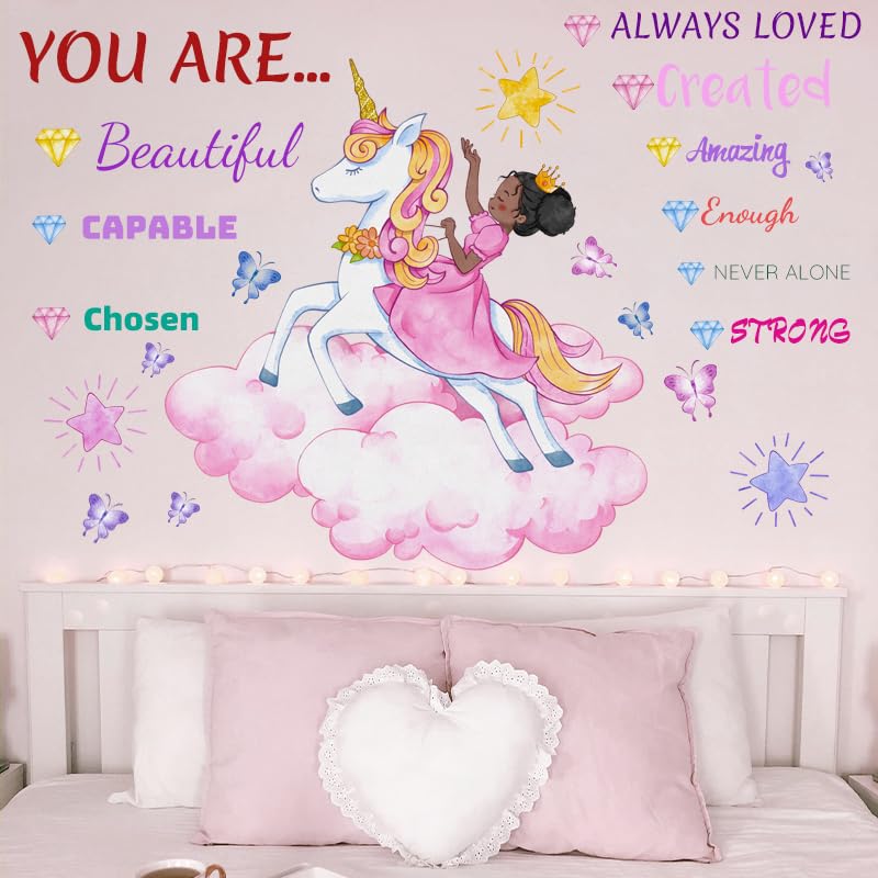 Suplanet Unicorn Wall Decals for Girls Bedroom, Black Girl Wall Art, Toddler Black Girl Room Decor, Unicorn Wall Stickers for Girls Room, Unicorn Bedroom Decor for Girls, Butterfly Girl Wall Decals