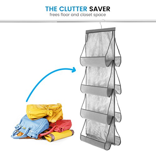 Zober Hanging Purse Organizer For Closet Clear Handbag Organizer For Purses, Handbags Etc. 8 Easy Access Clear Vinyl Pockets With 360 Degree Swivel Hook, Gray, 48β L x 13.8β W