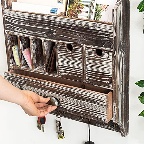 MyGift Torched Wood Entryway Wall Organizer with Mail Holder Organizer, Accessories Storage Compartments, Pull Out Drawers and Dual Key Hooks