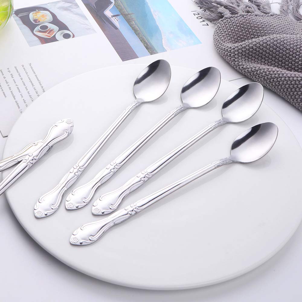 QIBOORUN Iced Tea Spoon Set for 12 Coffee Spoon 7.9 -Inch Stainless Steel Spoon Set Ice Cream Spoon Long Spoon Dessert Spoon Milkshake Spoon, Silver