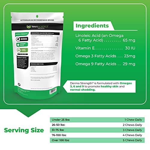 VetriScience Derma Strength Healthy Skin and Coat Chews with Omega 3, 6 and 9 for Dogs, 70 Chews - Can Reduce Shedding and Support Skin Health