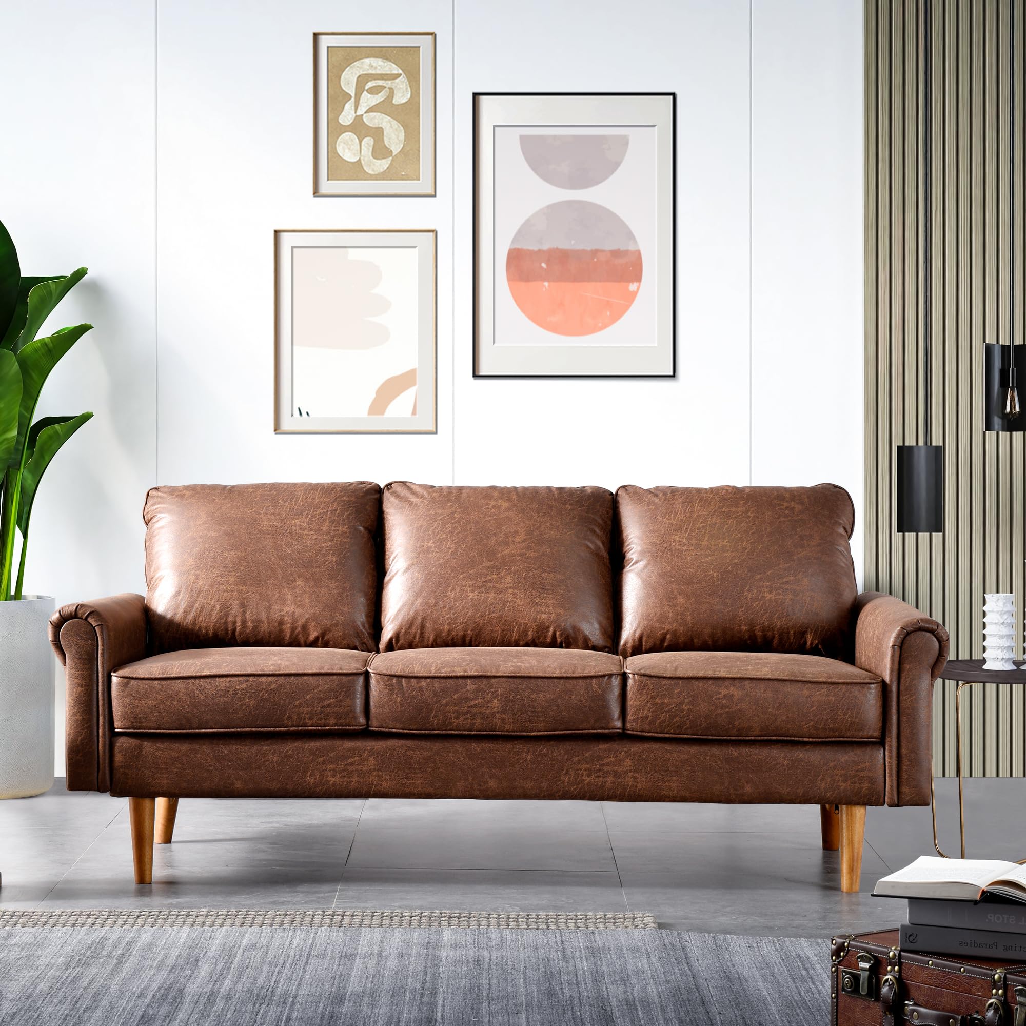ovios 73.6" Mid-Century Modern Sofa Couch, 3-Seats Leather Couches with Comfy Cushions, Deep Seat Sofas for Living Room Bedroom Apartment and Small Spaces, Dark Brown