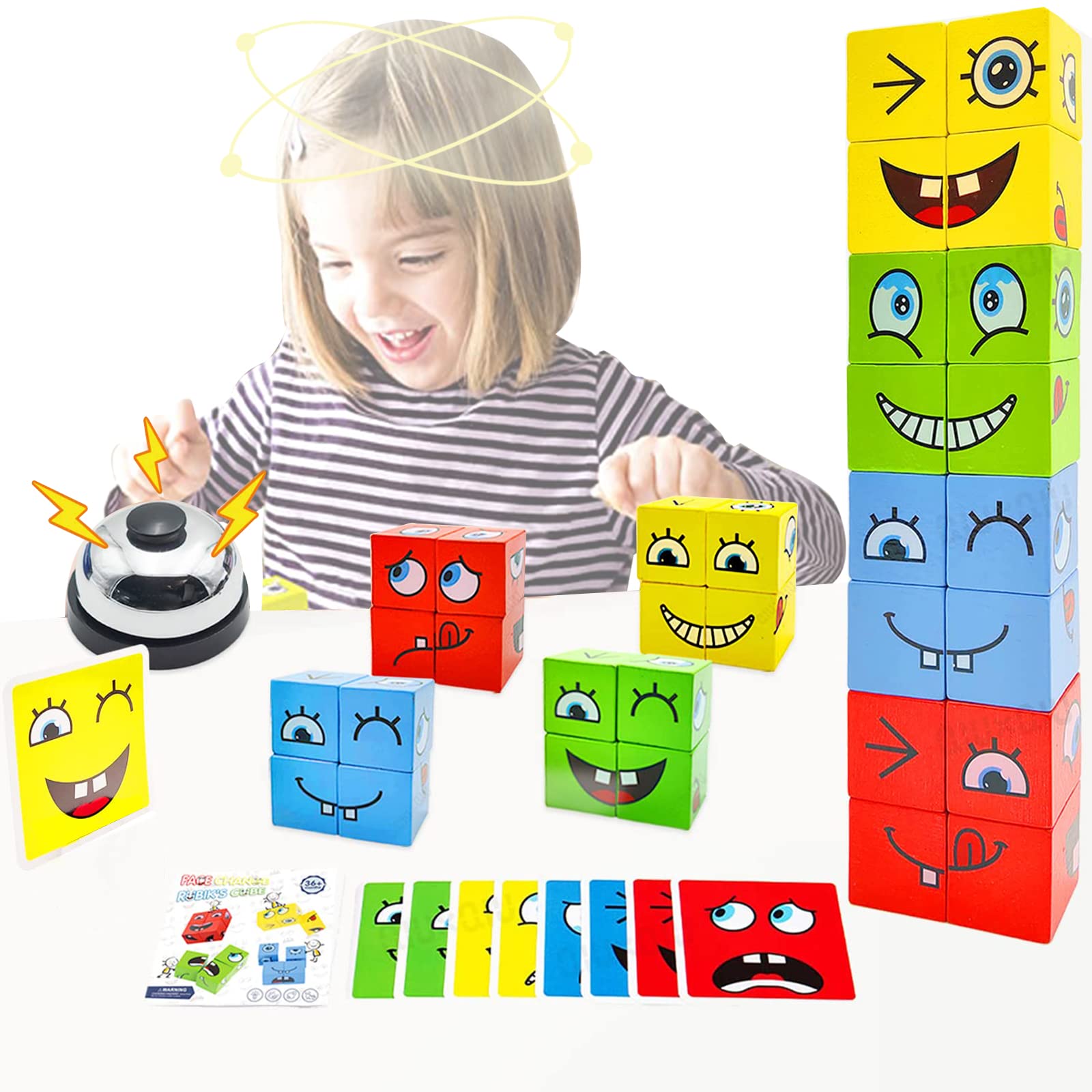 Wooden Face Changing Magic Cube Game, Expression Puzzle Building Blocks Pattern Matching Game with Bell, Educational Puzzles Toy Board Games for Kids and Adults