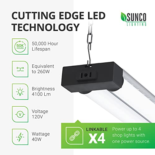 Sunco LED Workshop Black Garage Shop Light 4FT, Plug in Linkable Utility Light Fixtures, 260W=40W, 5000K Daylight, Frosted Lens, Pull Chain, Hanging/Mounted, 4100 LM - ETL Energy Star 2 Pack