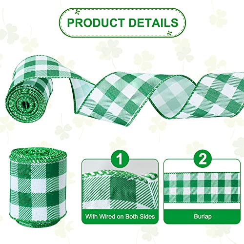 TONIFUL Green and White Wired Burlap Ribbon, 2.5 inch x 6yd, Green Plaid Check Ribbons for St Patrick's Day Decor,Spring Summer Wreath Making, Bows Crafts Gift Wrapping