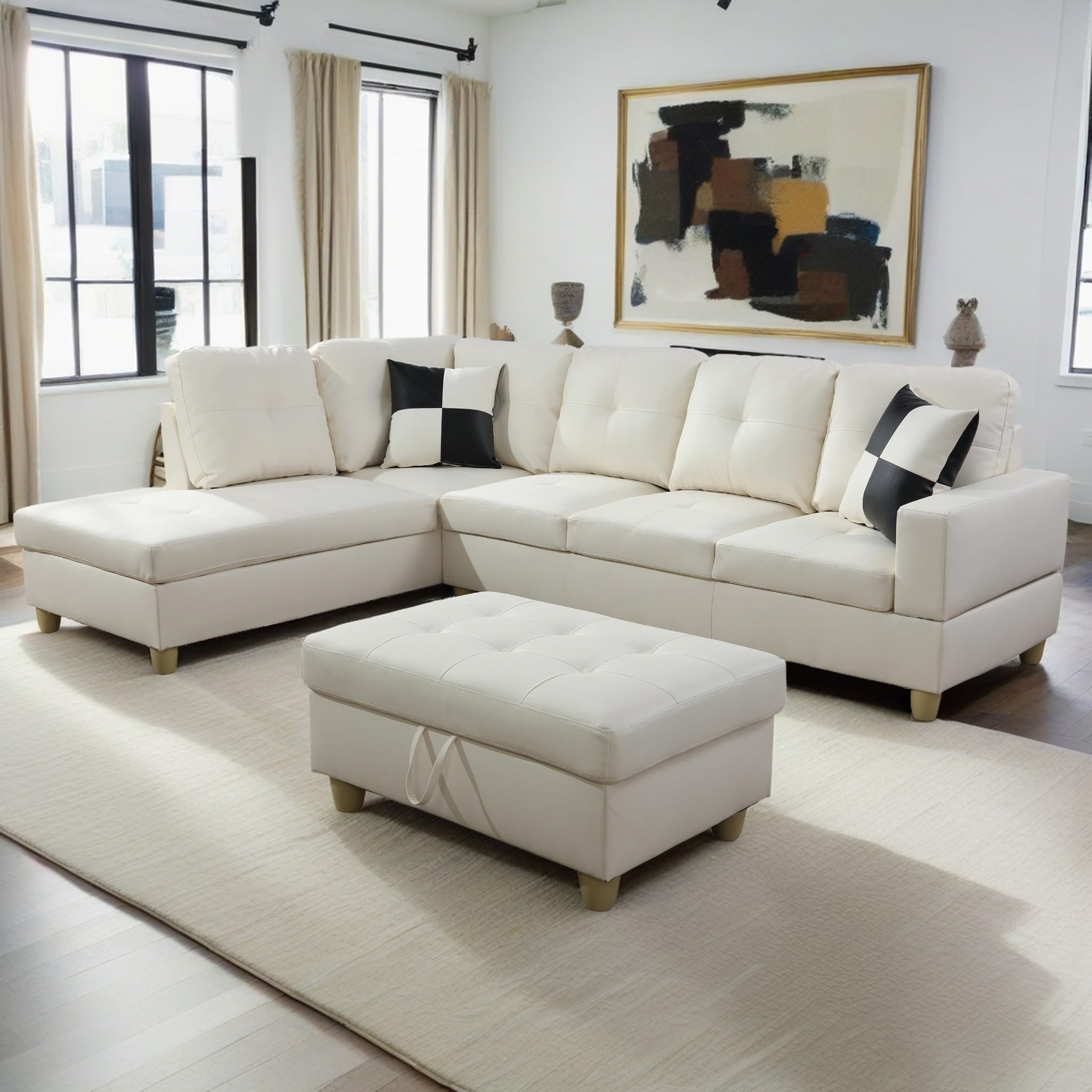 MODCART 103.5" L Shape Sectional Sofa with Right Chaise, Storage Ottoman, Faux Leather Living Room Couch Set w/Button Tufted Backrest, Modern 3-Piece Furniture for Home Office