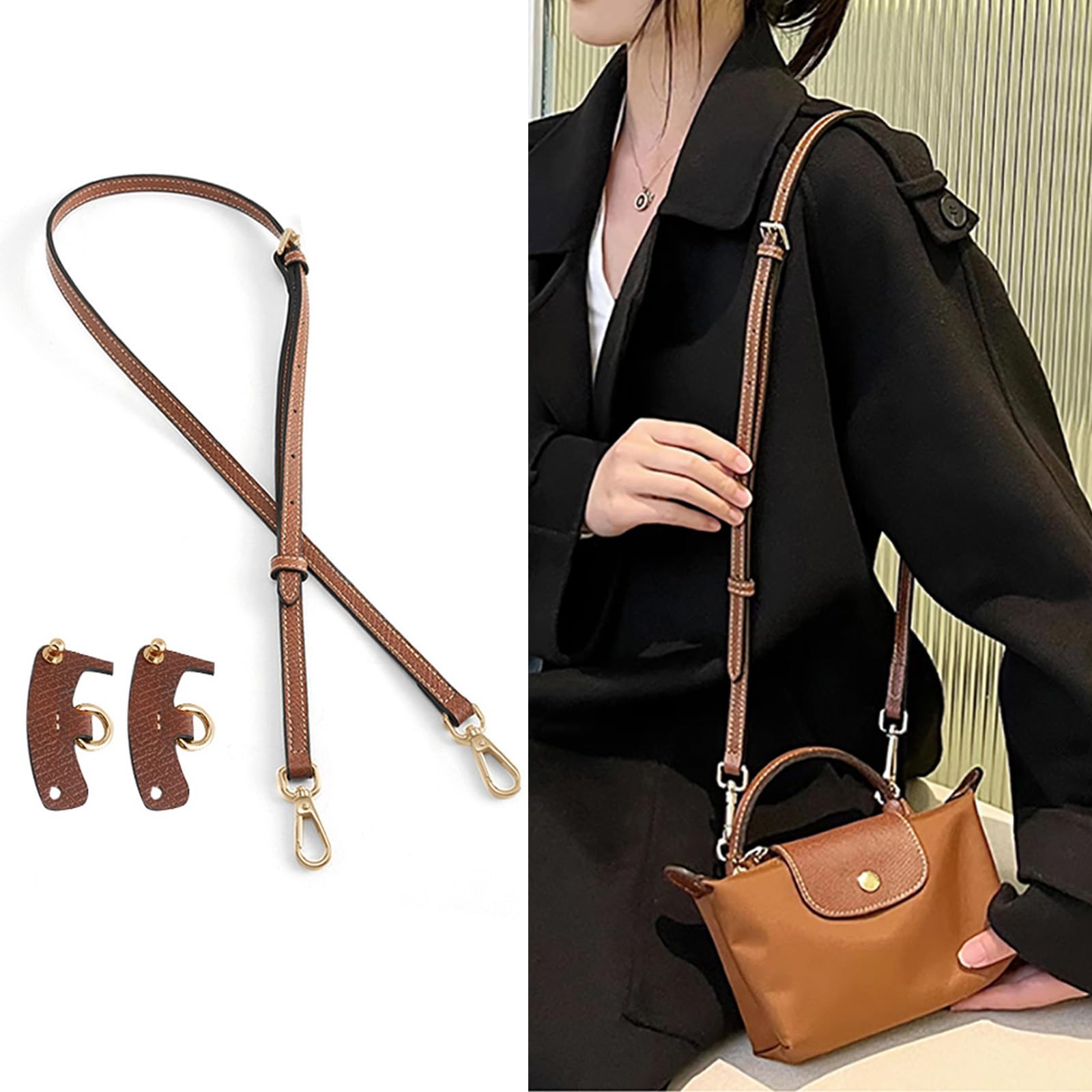 jiesinlov Leather Bag Shoulder Strap Compatible with Mini Pouch,Purse Straps Crossbody Adjustable Replacement Conversion Kit Fit for Handbag (BROWN-GOLD)