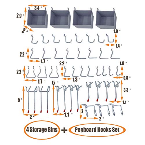 Wallmaster 8-Bin Storage Bins Garage Rack System & 48pcs Pegboard Hooks Set Pegboard Tool Organizer