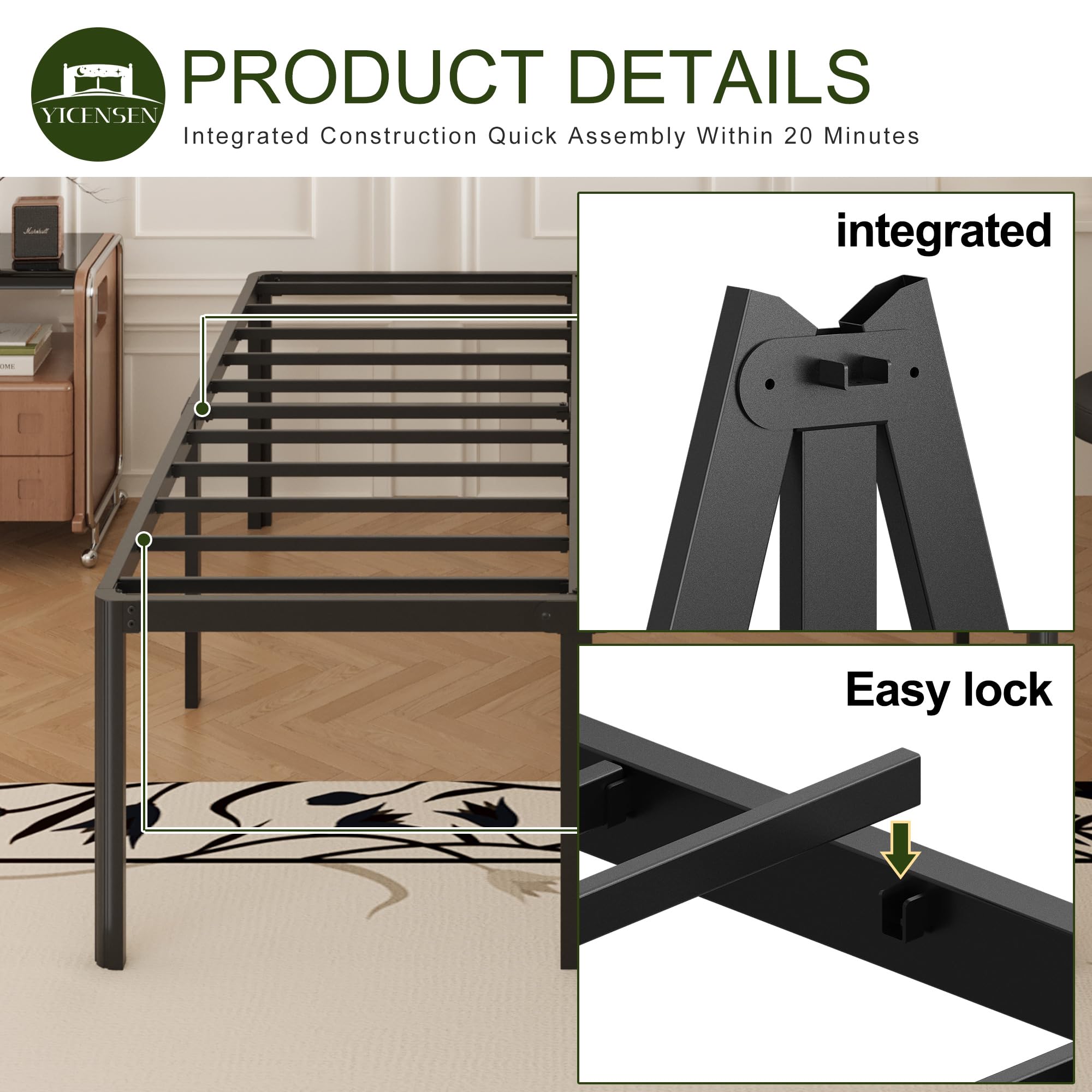 Yicensen 24 Inch High Queen Bed Frame Rounded Corner No Box Spring Needed, Heavy Duty Metal Queen Size Platform Bed Frame, Easy Assembly, Noise Free, Black