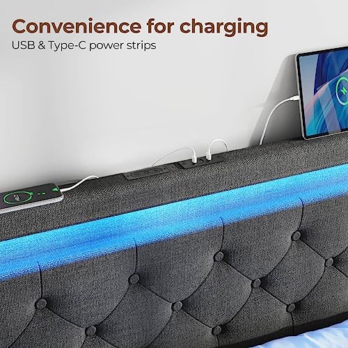 Rolanstar Queen Bed Frame with 4 Storage Drawers, Charging Station and LED Lights, Upholstered Platform Bed with Heavy Duty Wooden Slats, No Box Spring Needed, Noise Free, Easy Assembly, Dark Gray