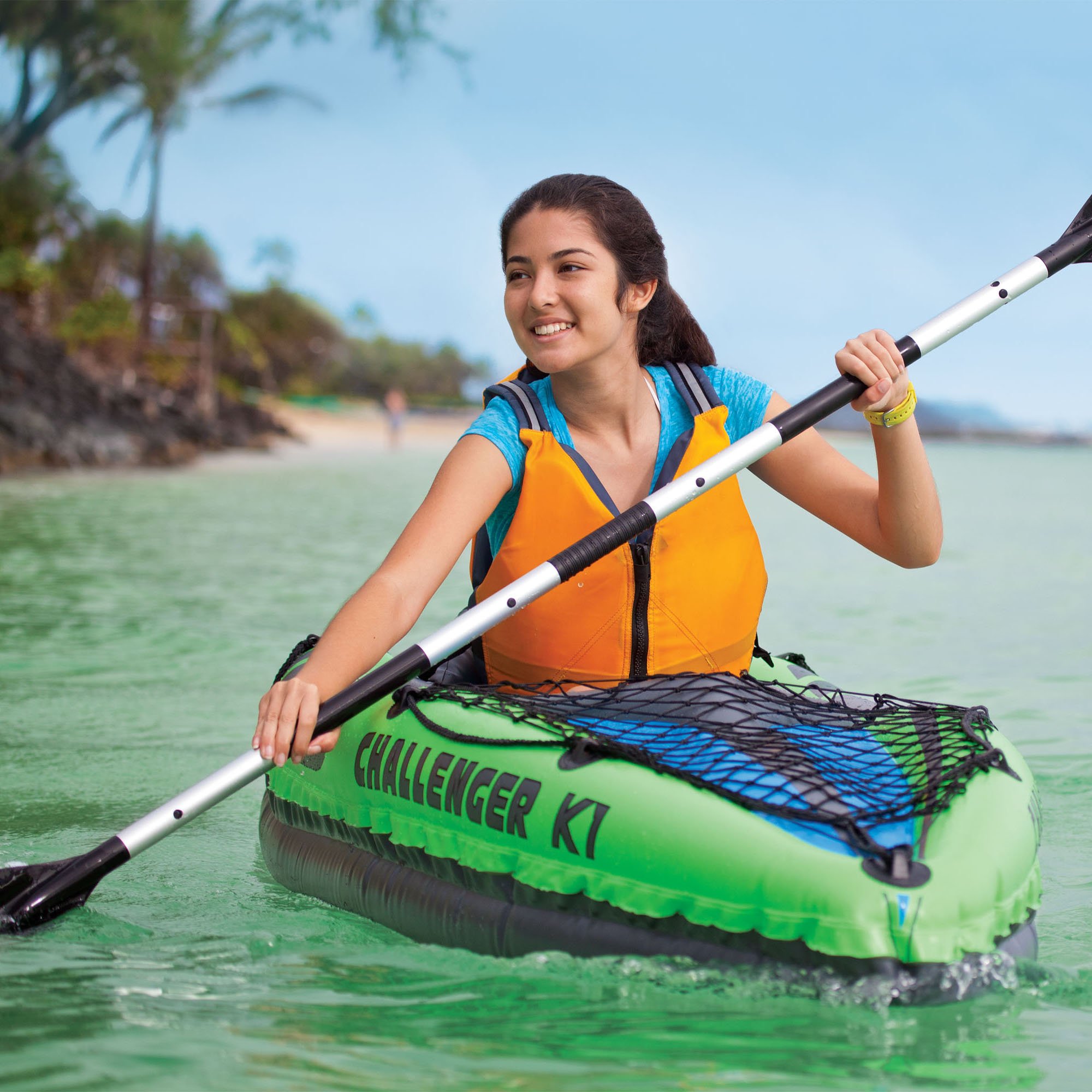 Intex Challenger K1 1 Person Inflatable Sporty Kayak with a 86 Inch Long Aluminum Oar and Hand Pump for Lakes and Mild Rivers, (3 Pack)
