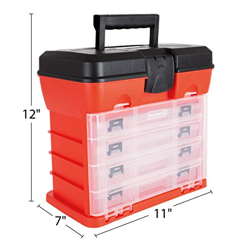 Storage Tool Box - Portable Multipurpose Organizer With Main Top Compartment and 4 Removable Multi-Compartment Trays by Stalwart,Red,11 in x 7 in x 10 in