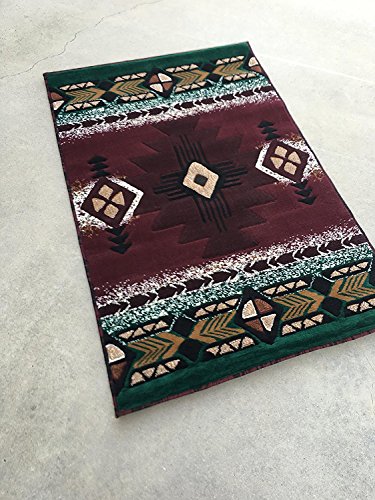 Southwest Native American Area Rug Carpet Burgundy Red Green (24 Inch X 40 Inch Mat)