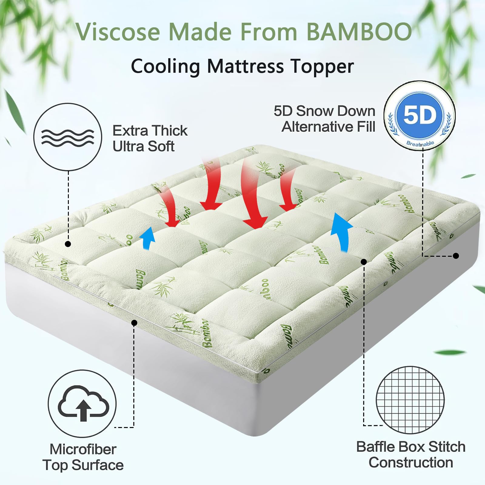 Premium Viscose Made from Bamboo Full Size Mattress Topper for Back Pain, 1200 GSM Quilted Fitted Extra Thick Mattress Pad,Pillow Top Mattress Cover with Deep Pocket Up to 21 Inches(54 * 75inch)