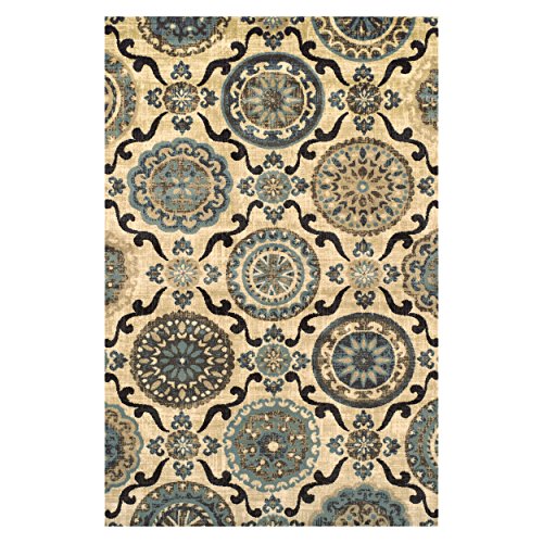 SUPERIOR Abner Collection Area Rug, 10mm Pile Height with Jute Backing, Fashionable and Affordable Rugs, Beautiful Scrolling Medallion Pattern - 5' x 8' Rug, Cream with Blue and Beige