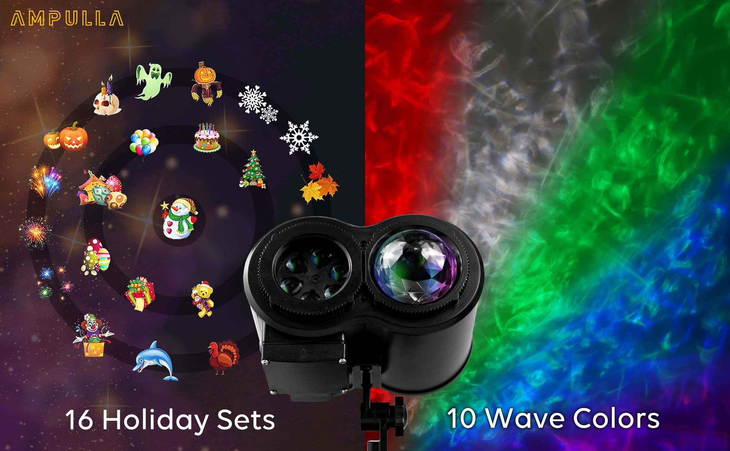 Projector Lights, Ampulla Christmas Halloween Holiday Ocean Wave Projector Lights 2-in-1 26 HD Effects 16/24 Pattern Slides Outdoor Indoor Xmas Theme Party Yard Garden Decorations⦠(16 HD Slides)