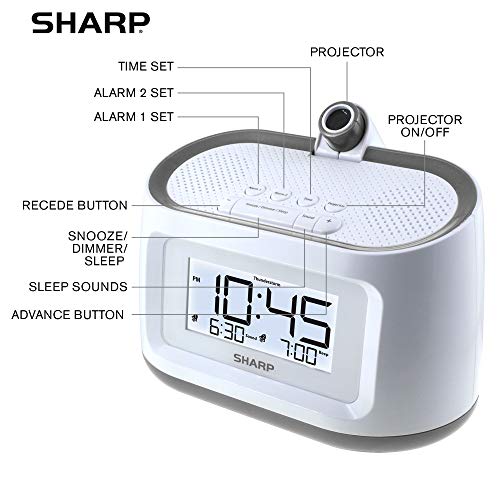 SHARP Projection Alarm Clock with Soothing Nature Sleep Sounds β Easy to Read Projection on Wall or Ceiling β 8 Sleep Sounds to Help Fall Asleep Faster, White Case with Gunmetal Trim