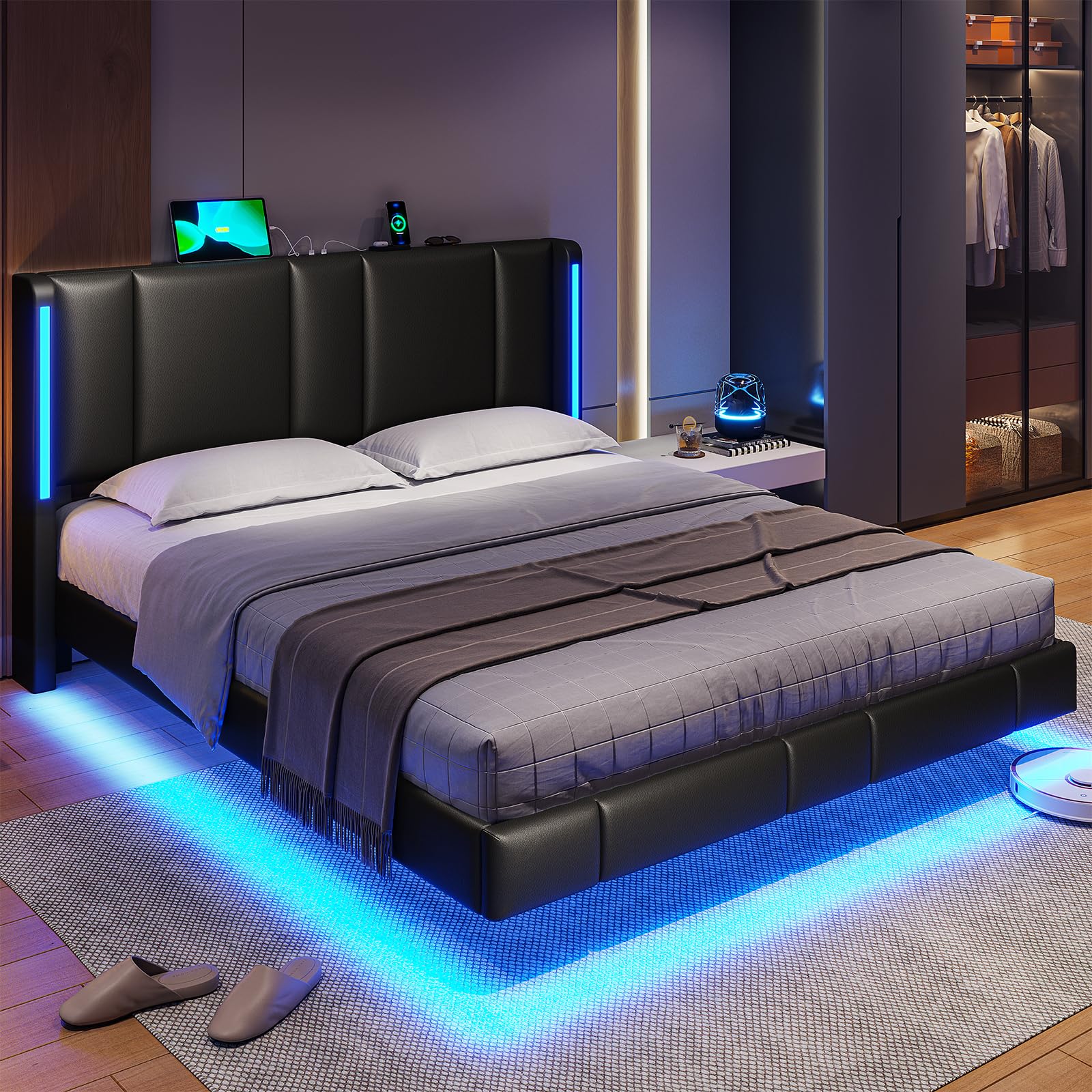 MSmask Queen Platform Bed Frame, Floating Bed with LED Lights, Faux Leather Upholstered Headboard, 2 USB Ports, Under-Bed Storage, No Box Spring Needed, Black