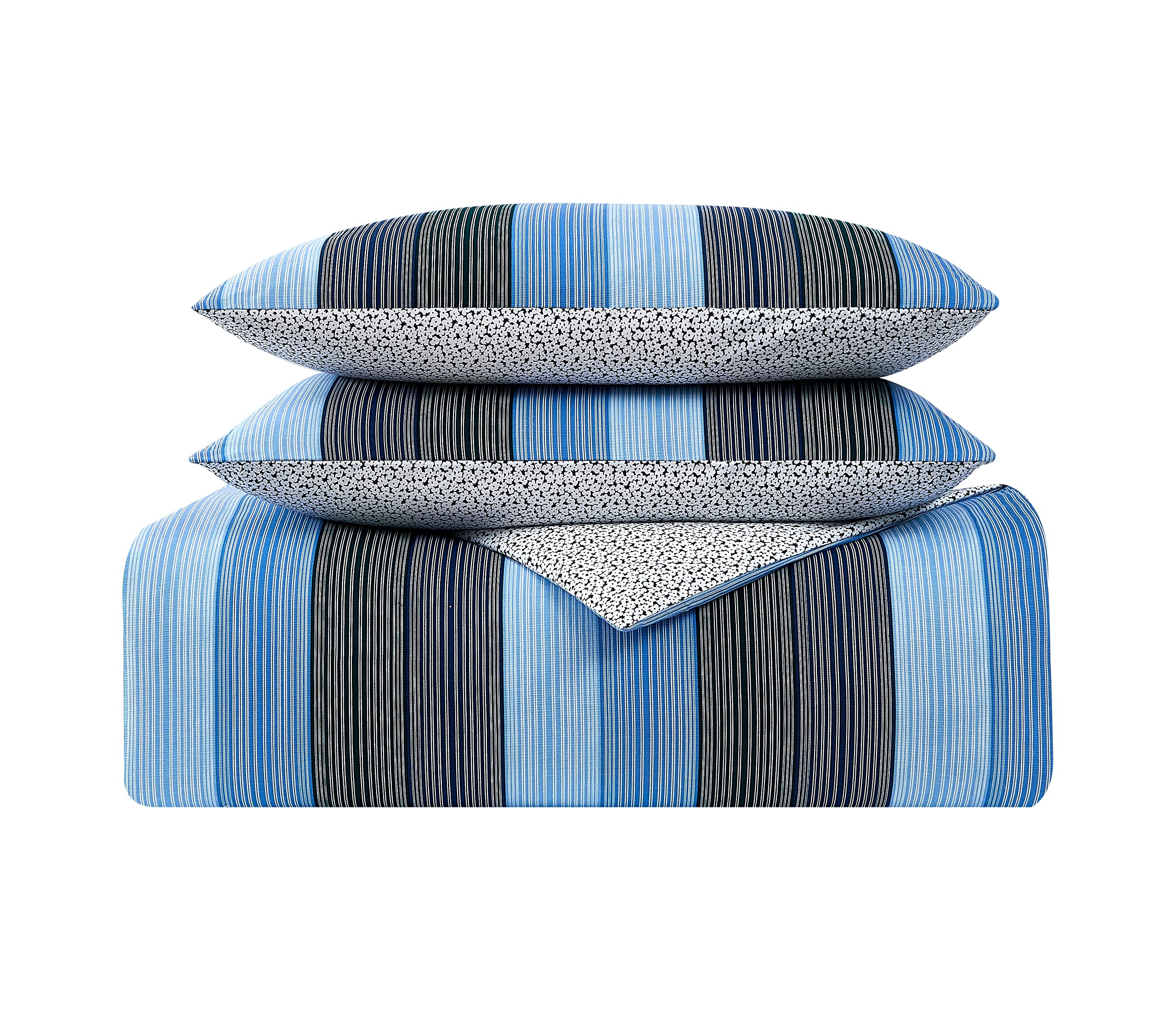 Tommy Hilfiger Tommy Explorer Stripe 200 TC Percale Set of 3 Duvet Set, Full/Queen Size, 100% Cotton (Denim/Green)