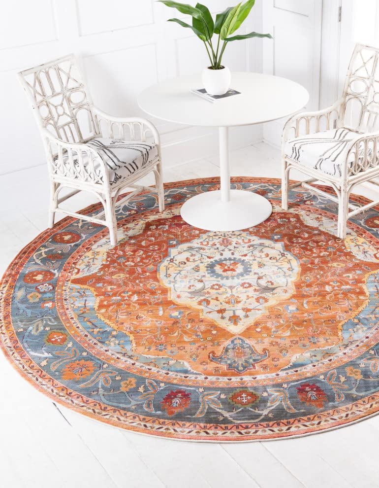 Unique Loom Baracoa Collection Area Rug - Miramar (8' 4" Round, Rust Red/ Blue)