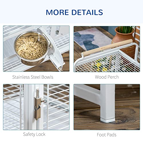 PawHut 19" Travel Bird Cage Parrot Carrier with Handle Wooden Perch for Cockatiels, Conures, White
