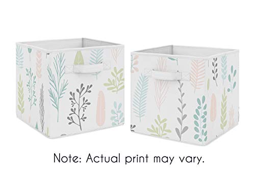 Sweet Jojo Designs Pink Tropical Leaf Foldable Fabric Storage Cube Bins Boxes Organizer Toys Kids Baby Childrens - Set of 2 - Blush Turquoise Grey Green Botanical Rainforest Jungle Sloth Collection