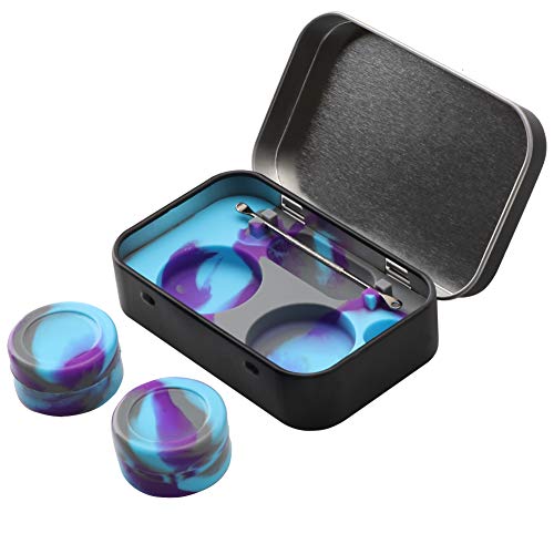 XIFEI portable stainless steel tin box 2-5ml silicone container jars, non-stick storage wax carrying case with extra stainless steel spoons (5 colors)