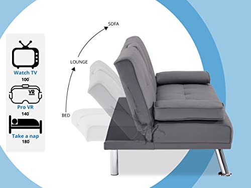 Naomi Home Futon Sofa Bed, Faux Leather Futon Couch with Armrest and 2 Cupholders, Pull Out Sofa Bed Couch Convertible with Metal Legs, Folding, Reclining Couch Bed, Futon Bed for Living Room - Gray