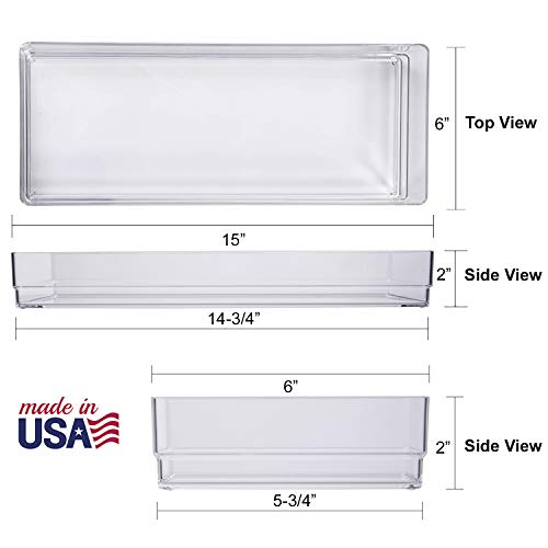 STORi SimpleSort 2-Piece Stackable Clear Drawer Organizer Set | 15" x 6" x 2" Rectangle Trays | Wide Makeup Vanity Storage Bins and Office Desk Drawer Dividers | Made in USA