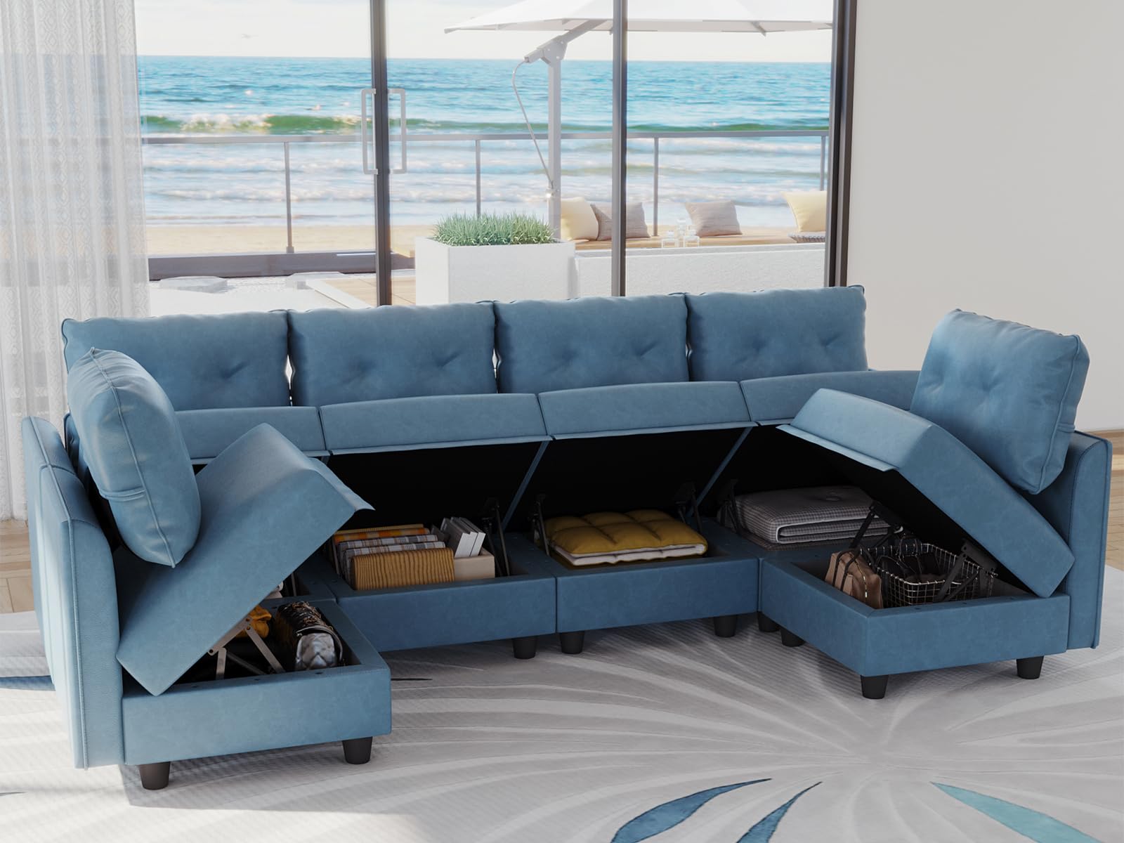 LLappuil Modular Sectional Sofa, Convertible U Shaped Sectional Couch with Storage, Modular Sectionals for Living Room, Faux Leather Fabric Waterproof Sofa, 6 Seat, Navy Blue