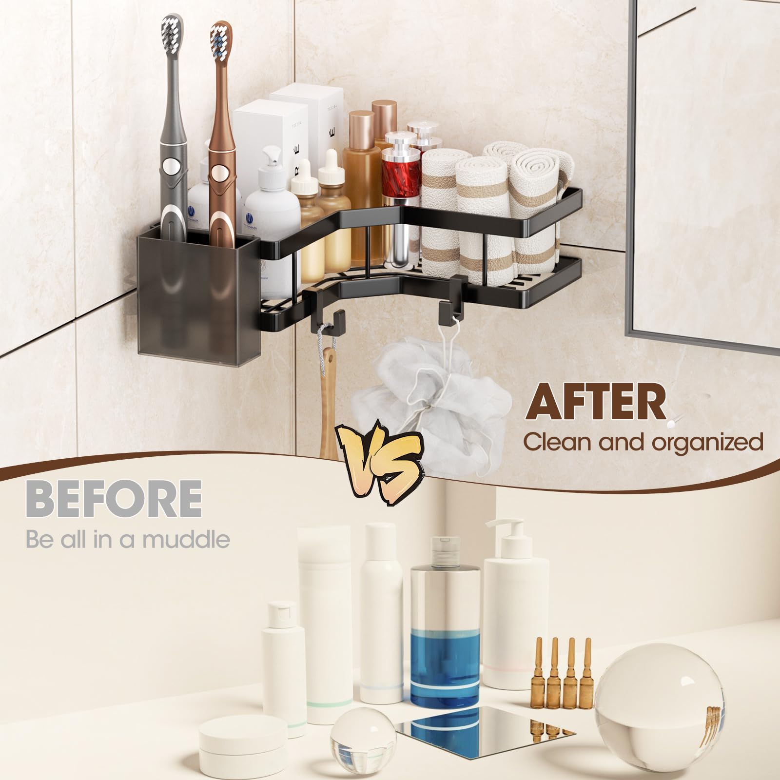 PLEDDANIO Adhesive Corner Shower Caddy - 3 Pack Shower Shelves with Soap Holder and 4 N-Shaped Hook, Stainless Steel Rustproof Bathroom Accessories Organizer, No Drilling Wall Mounted Rack