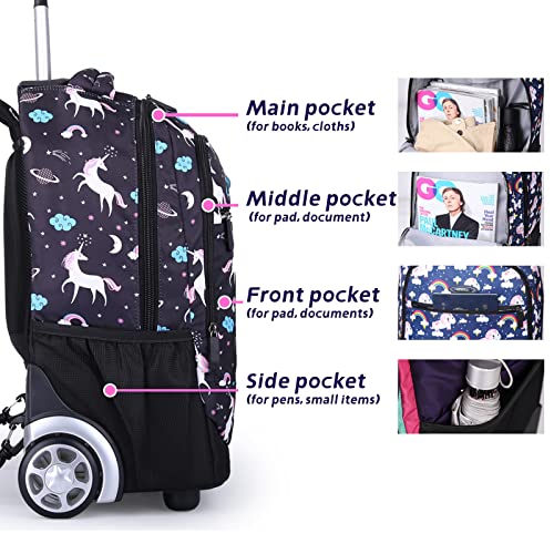 Tanou Rolling Backpack for Kids Adults, 18" Waterproof Backpack with Wheels for Girls Boys, Roller Bookbags for School Travel, Age 7+, Black Horse