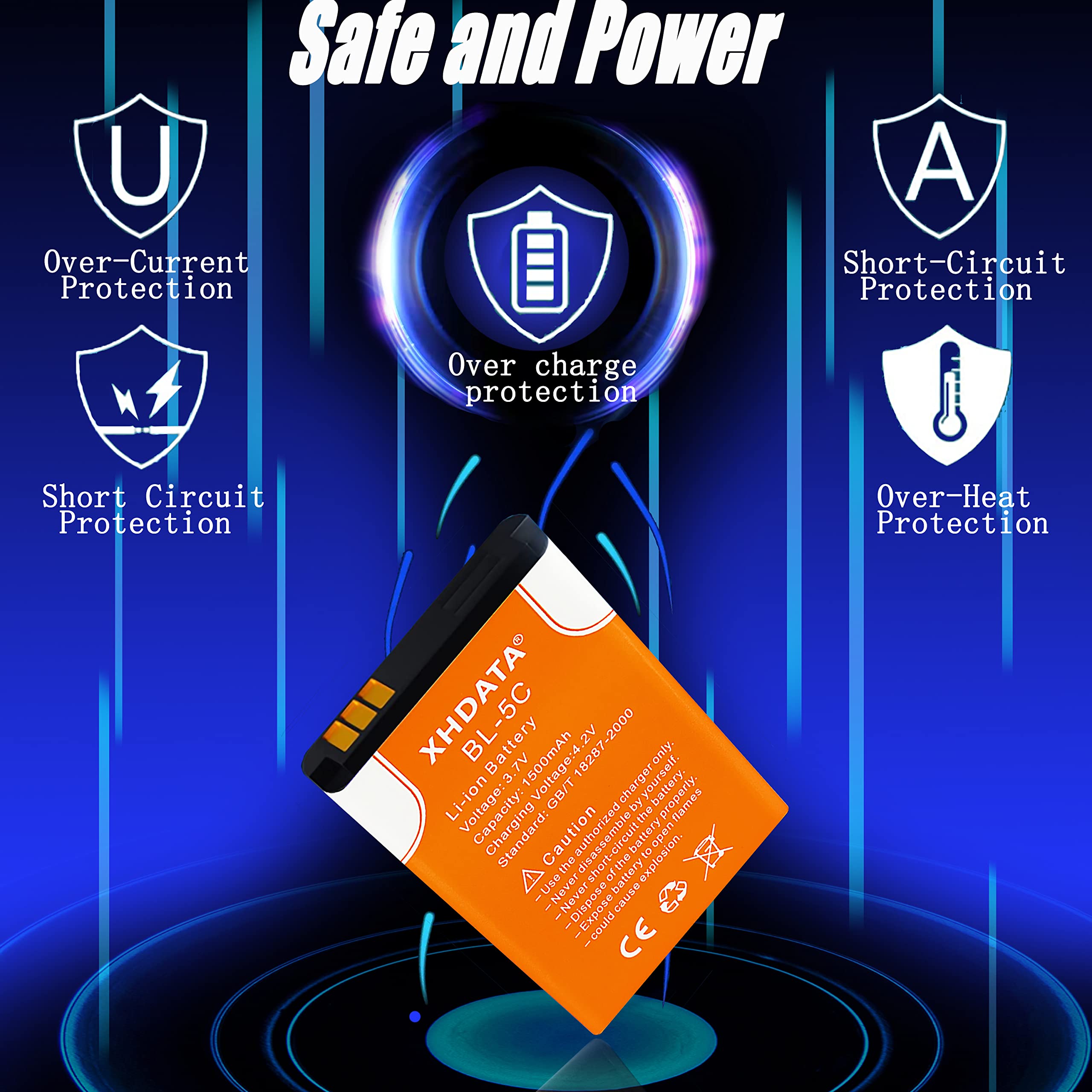 XHDATA BL-5C Battery 3.7V 1500mAh Rechargeable Battery Large Capacity for Radio for Home with Current Protection (2 Pieces)