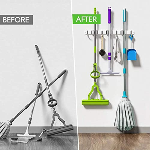 YouOKLight mop broom holder,broom hanger wall mount, 304 Non-Slip Stainless Steel Rack for Tools Hanger,Metal Broom Closet Organizer for Home,Garage, even Outdoor (3 Racks with 4 Hooks)