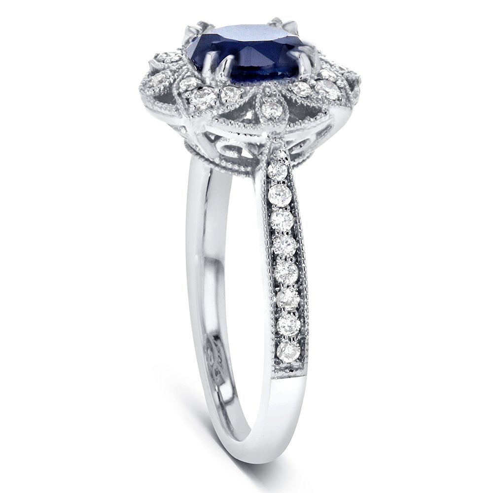 Kobelli Antique Style Floral Sapphire and Diamond Engagement Ring 1 1/2 Carat (ctw) in 14k White Gold, Size 9