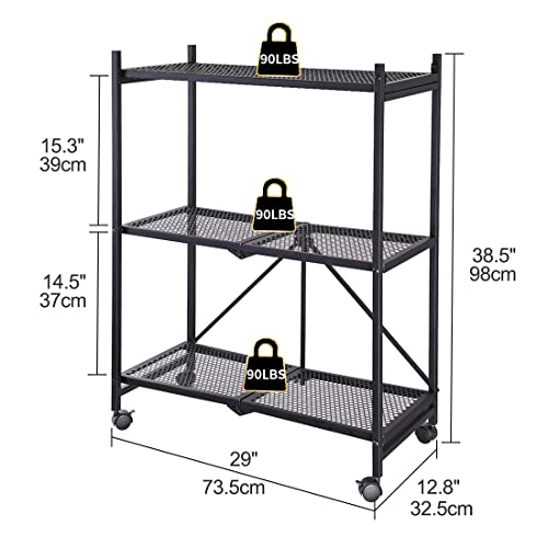 RokiaTek 3-Shelf Foldable Storage Shelves with Wheels, Large Capacity Metal Standing Shelving Unit, No Assembly Heavy Duty Organizer Rack for Kitchen, Garage, Basement, Pantry, Matte Black