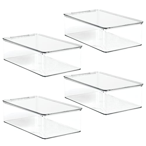 mDesign Plastic Closet Organizer Box Containers with Hinged Lid for Bedroom Shelves/Cabinets, Holds Flats, Sandals, Sneakers, Dress Shoes, Heels, Booties, and Wedges, Ligne Collection, 4 Pack, Clear