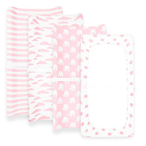 Premium Baby 4 Pack Girl Pure Jersey Machine Washable Pink and White Changing Table Cover β Diaper Changing Pad Cover Sheets
