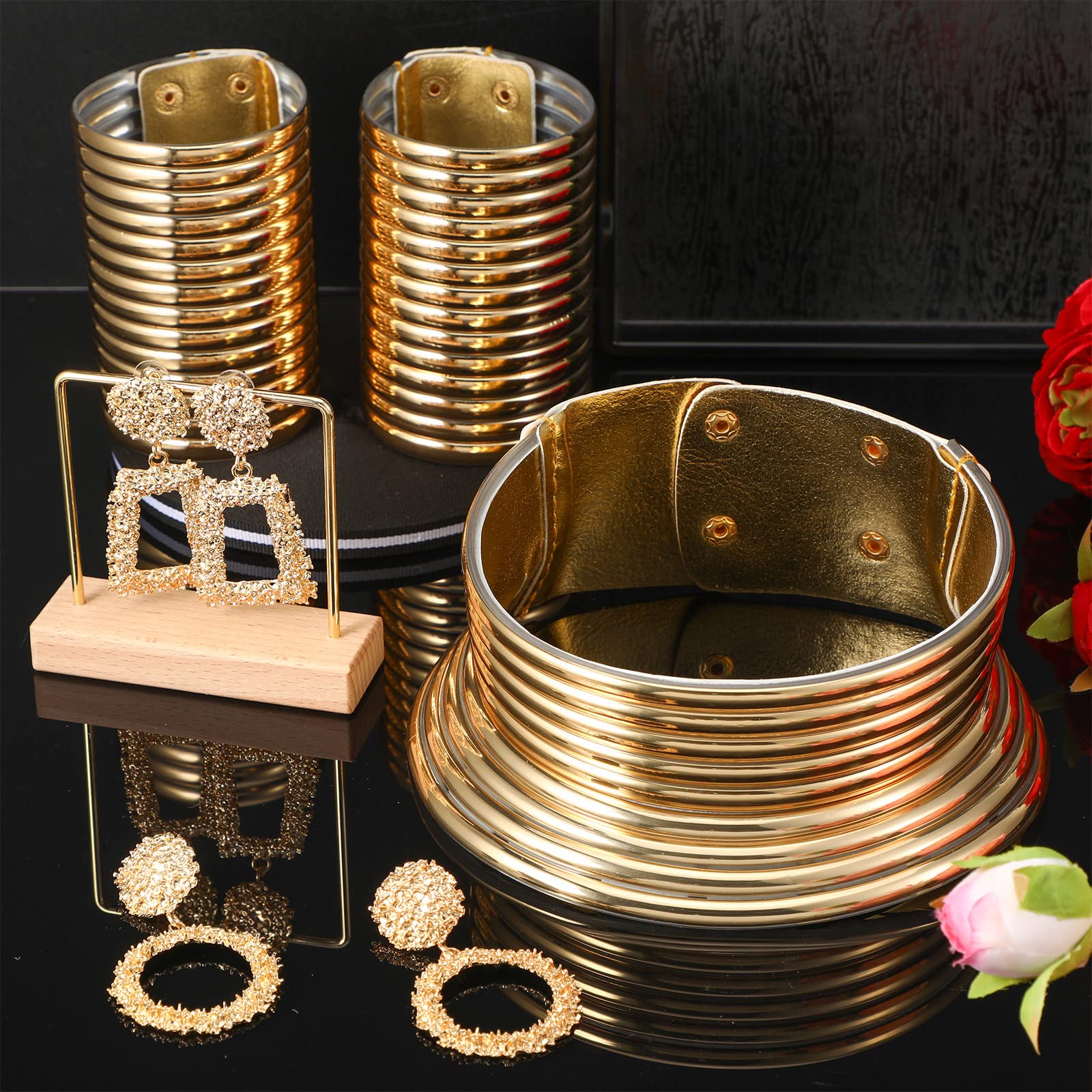 Junkin 5 Pieces African Vintage Jewelry Set Includes Statement Choker Egypt Gold Tone Long Neck Collar Leather Bracelet Stud Earring for Women