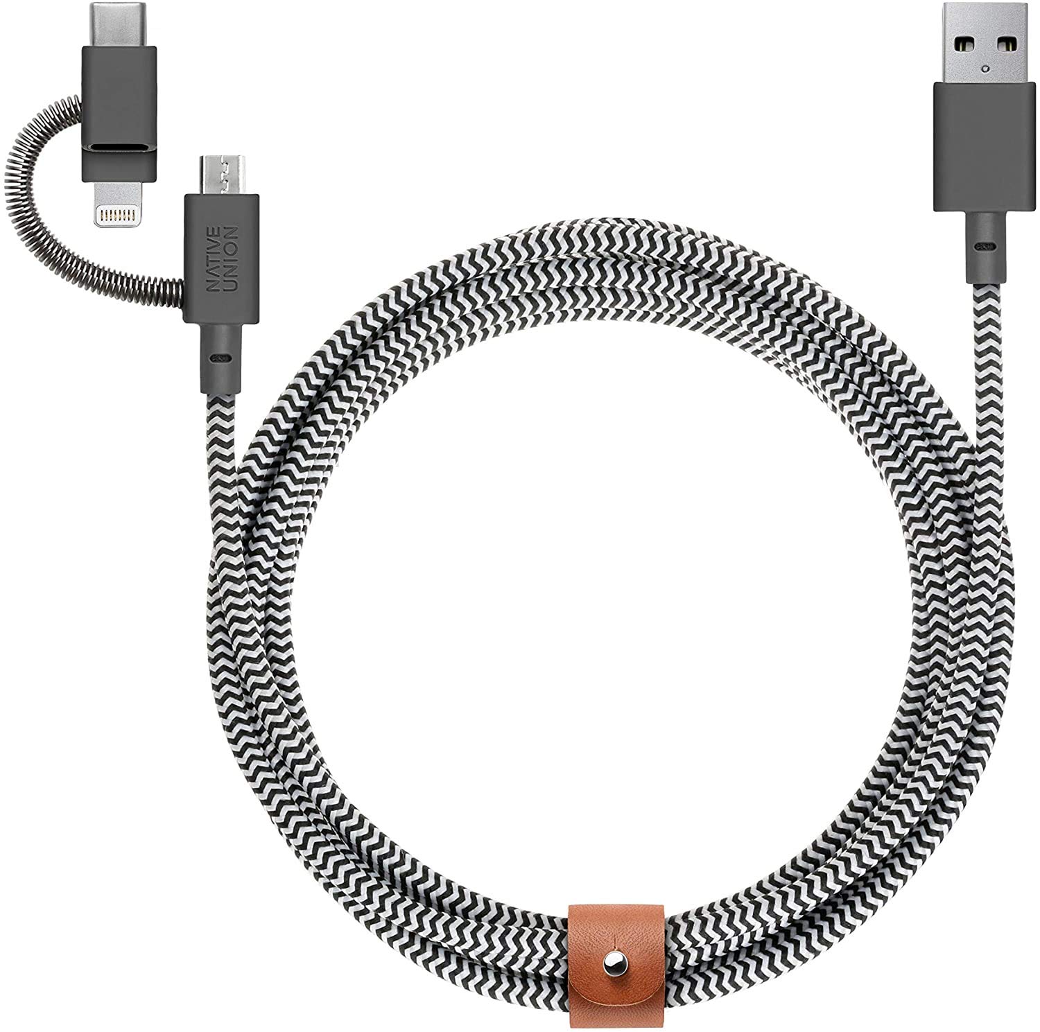 Native Union Belt Cable Universal - 6.5ft Ultra-Strong Reinforced [MFi Certified] Durable Charging Cable with 3-in-1 Adaptor for Lightning, USB-C and Micro-USB Devices (Zebra)