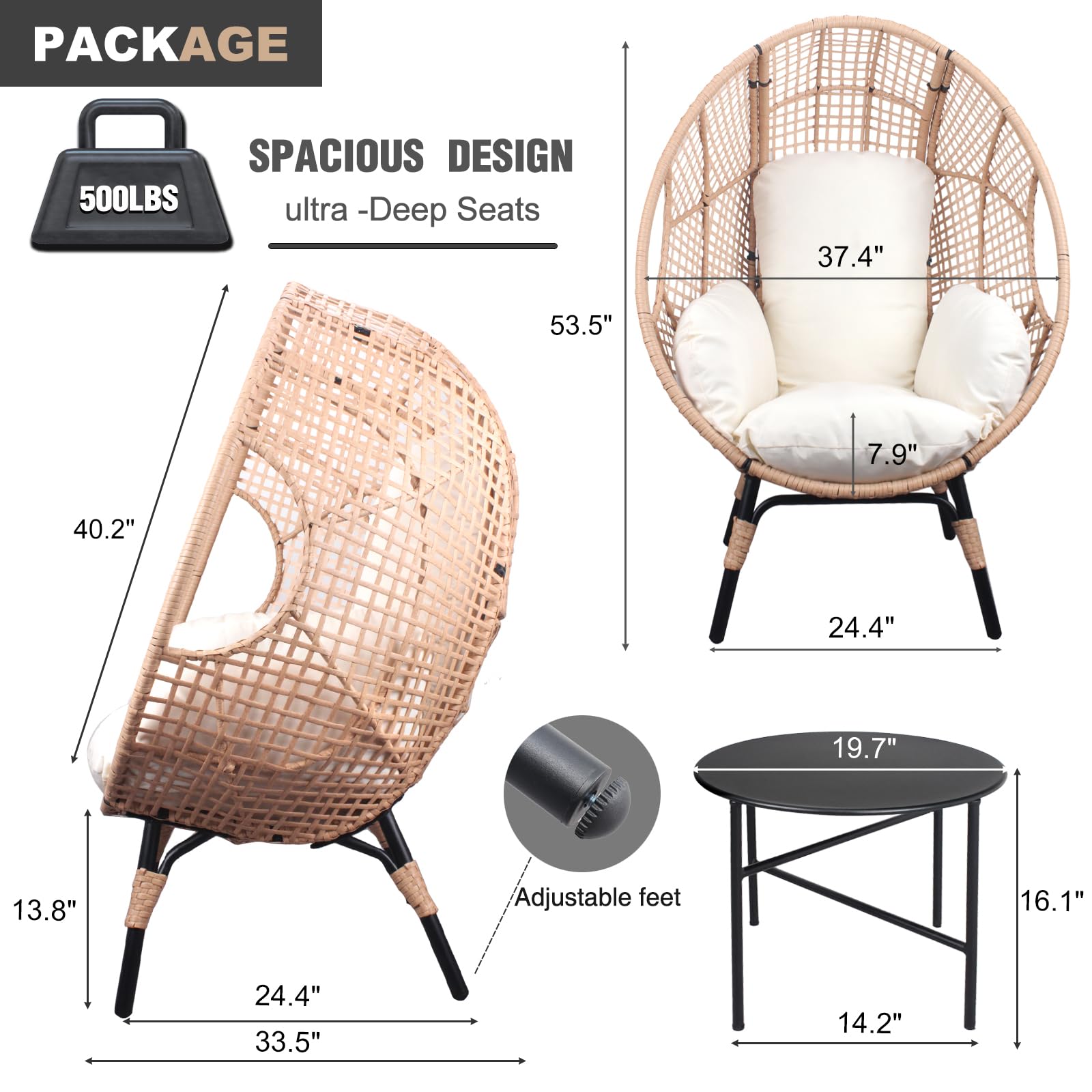CHINNLUU Outdoor Egg Chair Wicker Oversized Egg Basket Chair with Stand Lounger Chairs with Cushion 500lbs Capacity for Patio Garden Backyard Balcony