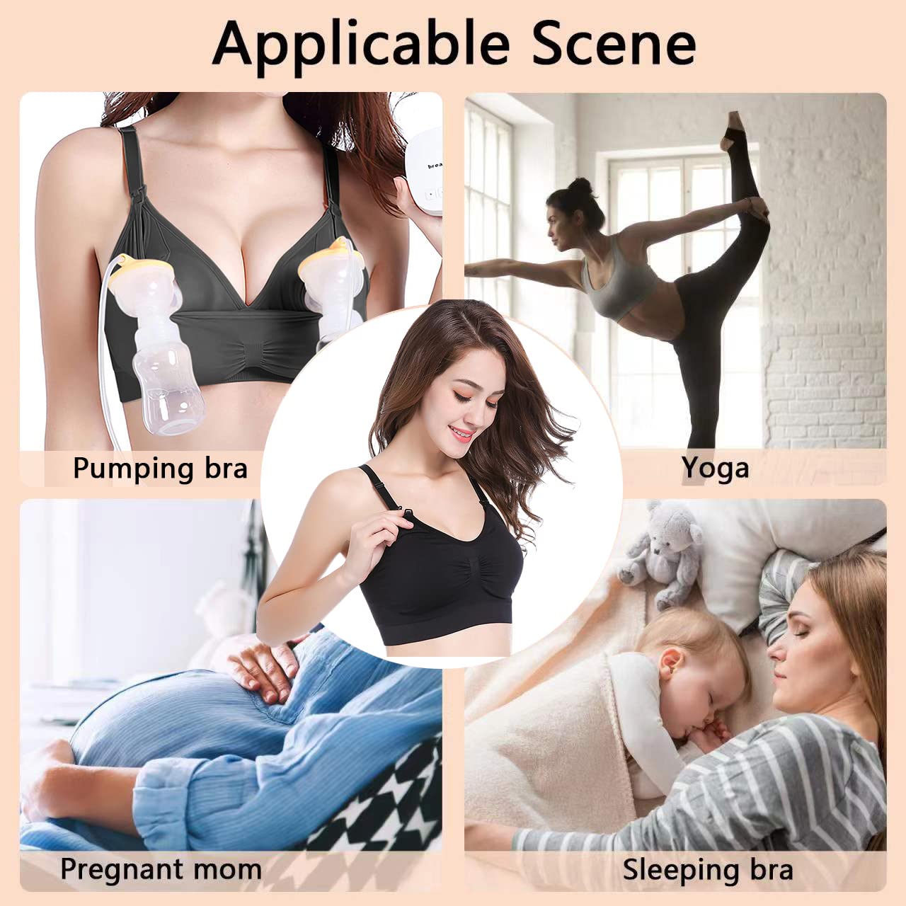 BIAOOTOO Pumping Bra Hands Free, Adjustable Breast-Pumps Holding and Nursing Bra, Suitable for Most Breast Pumps(Black+Beige, M)
