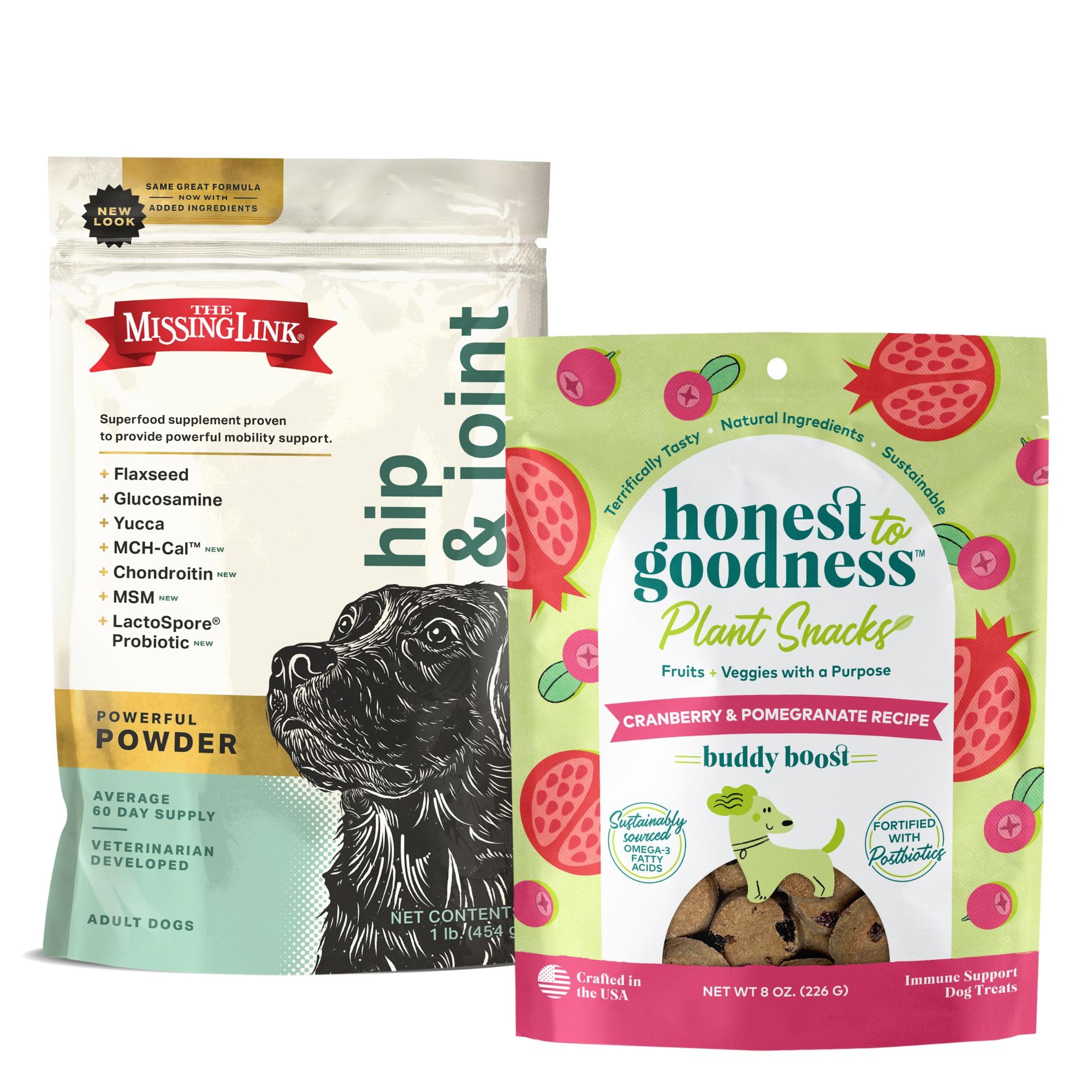 The Missing Link Hip & Joint Powder Supplement + Buddy Boost Honest to Goodness Dog Treats