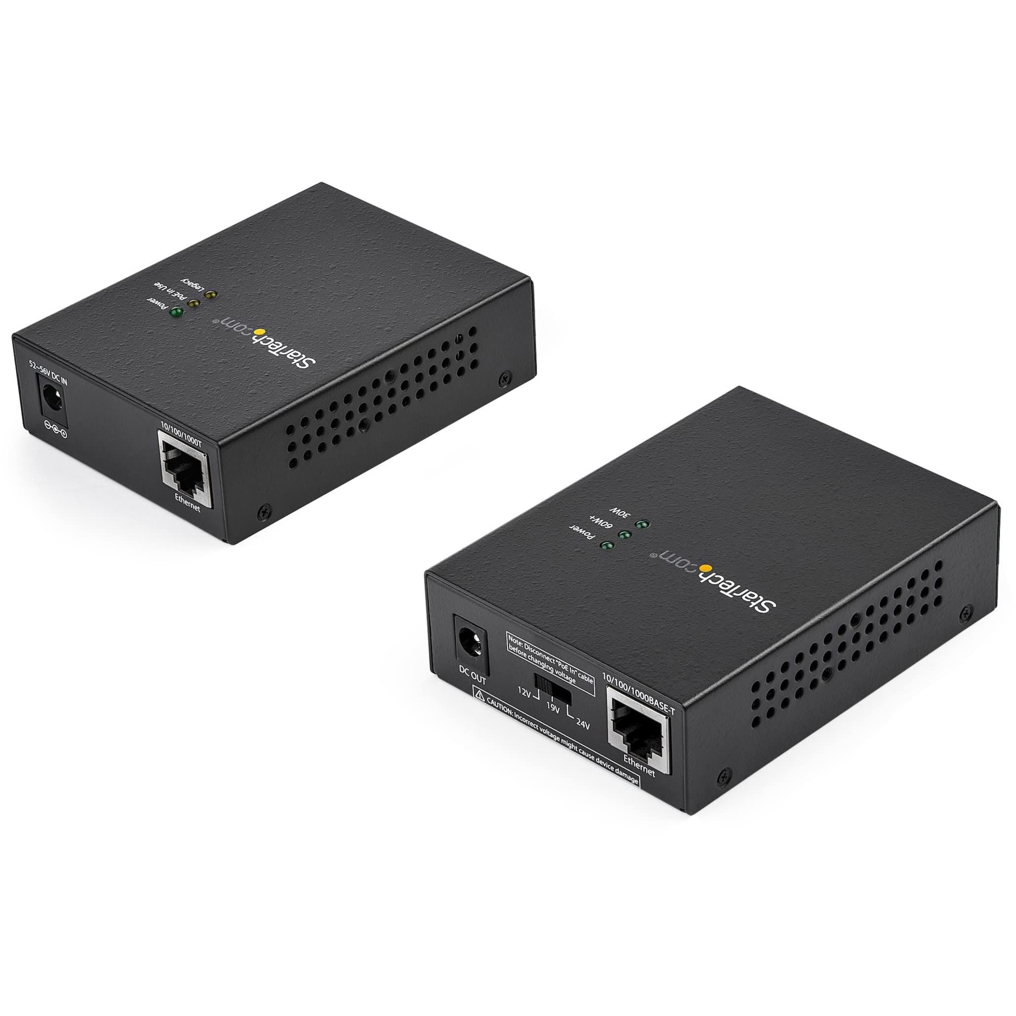 StarTech.com 1 Port GbE PoE Injector & Splitter Kit - 60W High Power Over Ethernet Injector 100m/12-24V DC Splitter 802.3bt Midspan Single Port Ultra PoE LAN/RJ45 Security/Monitoring (UPOESPLT1G)