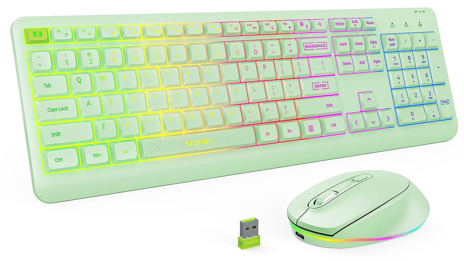 seenda Wireless Keyboard and Mouse Combo Backlit, Rechargeable Full-Size Illuminated Cordless Keyboard and Mouse Set, 2.4G USB Keyboard and Mouse for Computer/Laptops/Windows/Gaming, Mint Green