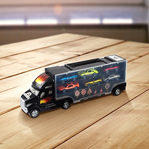 Transport Car Carrier Truck - with 6 Stylish Metal Racing Cars - with Carrying Case