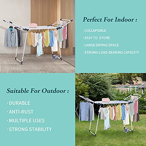 YUBELLES Clothes Drying Rack, Gullwing Laundry Rack, Collapsible, Space-Saving Laundry Rack, with Sock Clips, for Clothes, Towels, Linens, Indoor/Outdoor