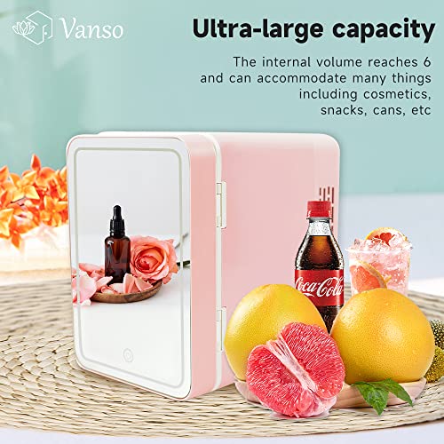 vanso Mini Fridge Portable Small Refrigerator Cooler or Warmer,4 Liter Portable Mini Fridge for Makeup, Skincare, Snacks, & More,Mini Mini Fridge for Bedroom or Vanity with Lighted Glass Surface, Pink