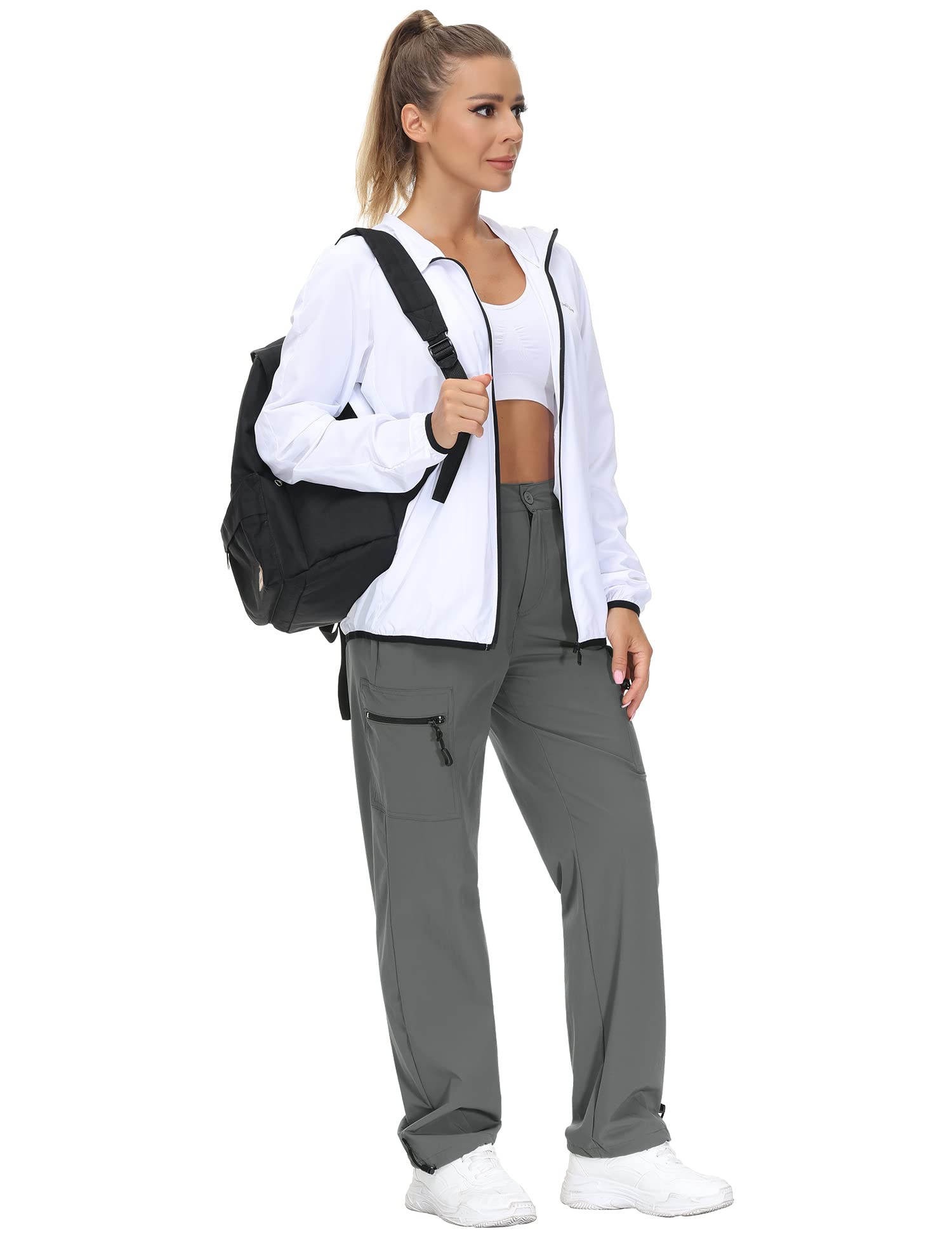VVK Women's Cargo Hiking Pants Elastic Waist Quick Dry Lightweight Outdoor Water Resistant UPF 50+ Long Pants Zipper Grey Large