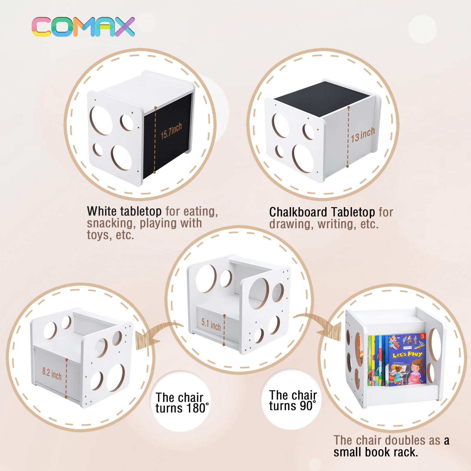 COMAX 3-in-1 Weaning Table Cube Chair Montessori Baby Table and Chair Set for Toddlers 1-3, Small Toddler Chair and Table Set, Wood Single Infant Activity Dining Table
